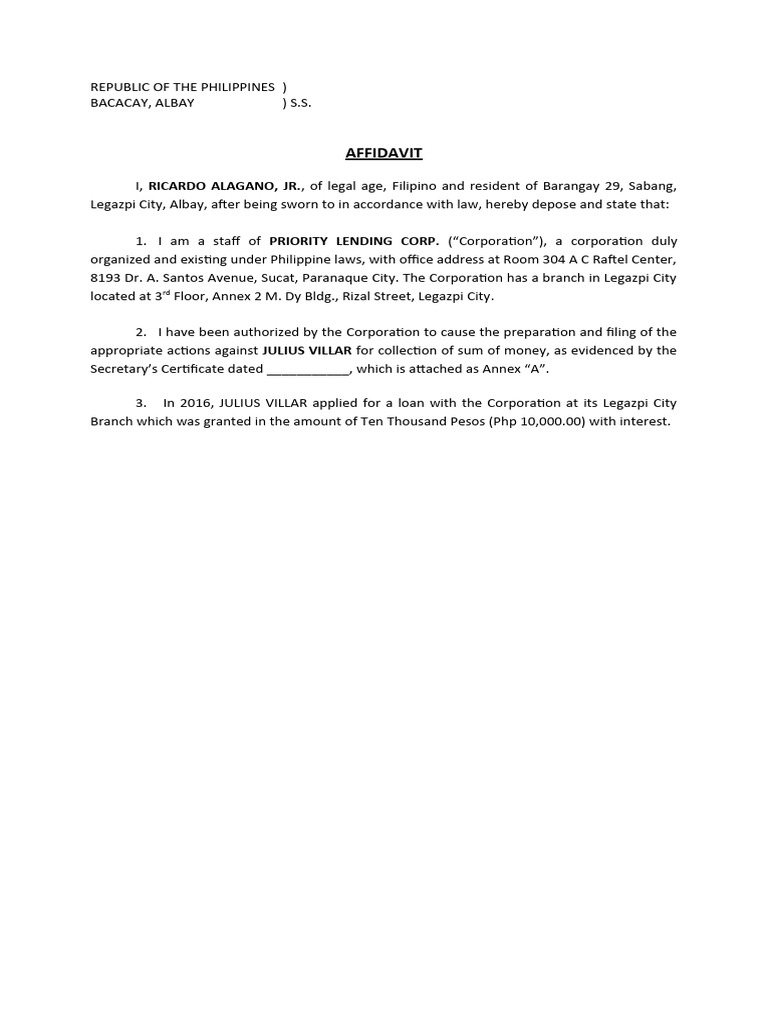 Affidavit (Small Claims) Villar P1 v1 | PDF