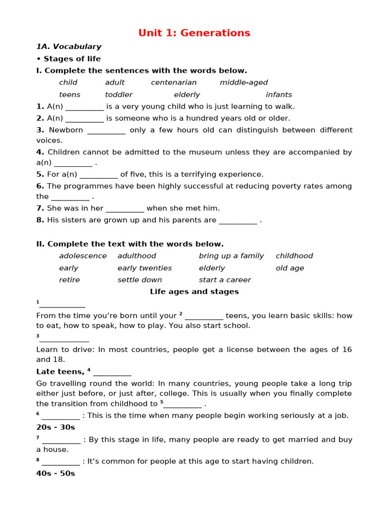 Bài tập Anh 11 Friend Global Lưu Hoàng Trí Unit 1 - Generations | PDF | Adolescence | Adults