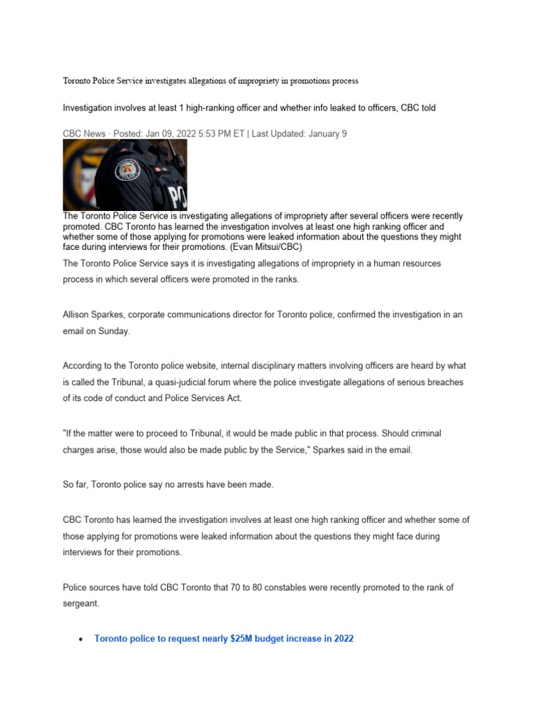 Toronto Police Promotions Investigation | PDF | Police | Canadian ...