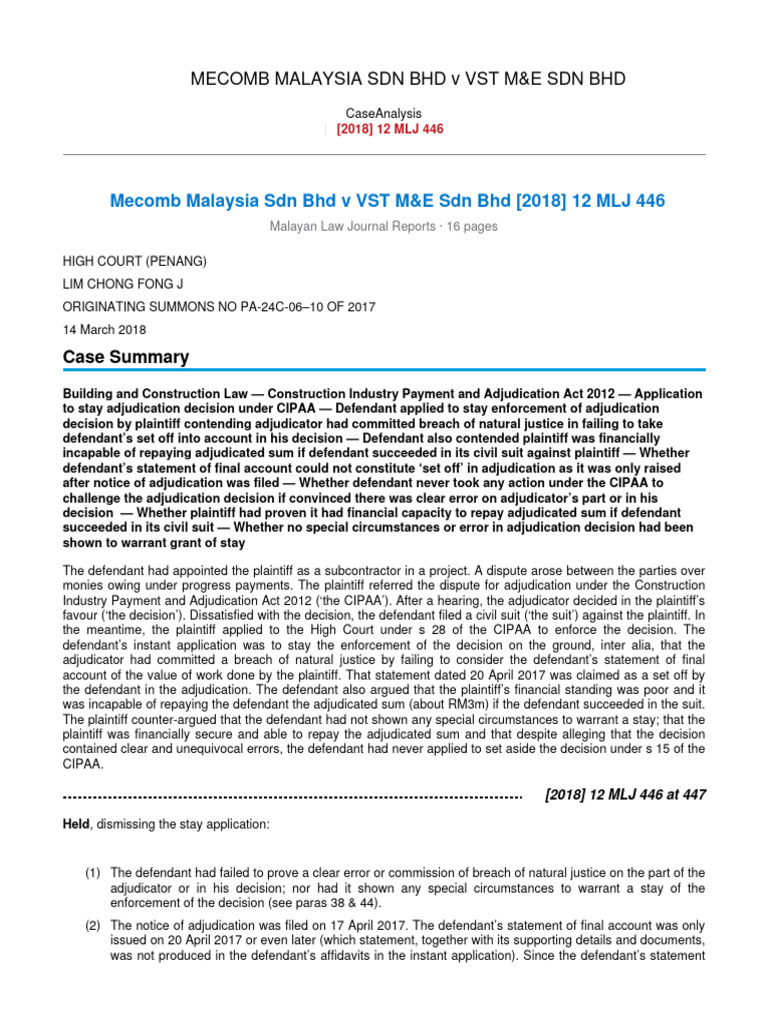 APP - 029 Mecomb Malaysia SDN BHD V VST M&E SDN BHD, (2018) 12 MLJ 446 | PDF | Lawsuit ...