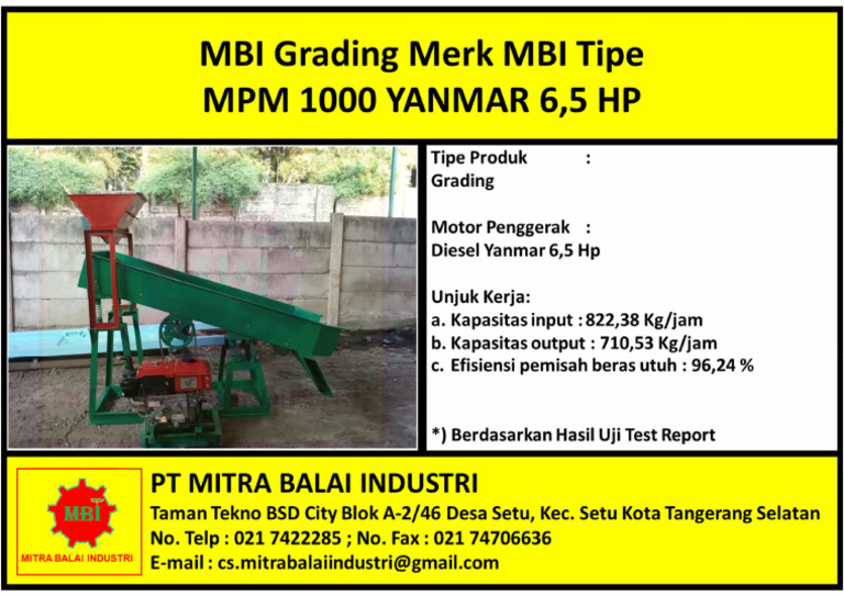 Brosur MBI Grading Merk MBI Tipe MPM 1000 YANMAR 6,5 HP | PDF