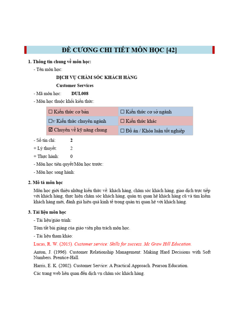 (022024) de Cuong Mon Hoc - Dich Vu CSKH | PDF
