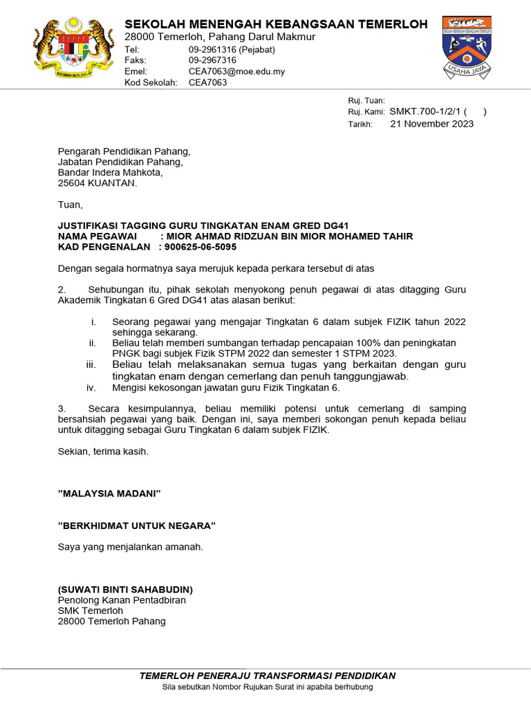 Surat Lantikan T6 - Mior Ahmad Ridzuan | PDF