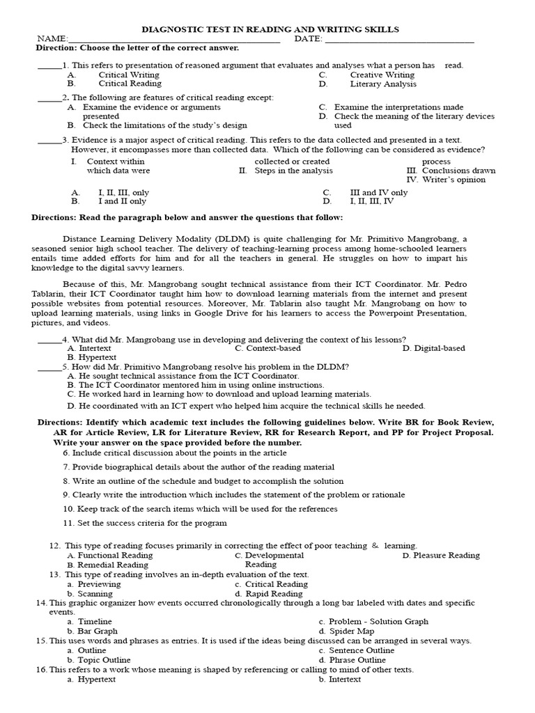 Diagnostic Test in Reading and Writing Skillss With Answers | PDF ...