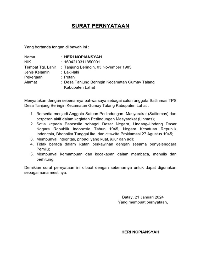 Surat Pernyataan Menjadi Linmas | PDF