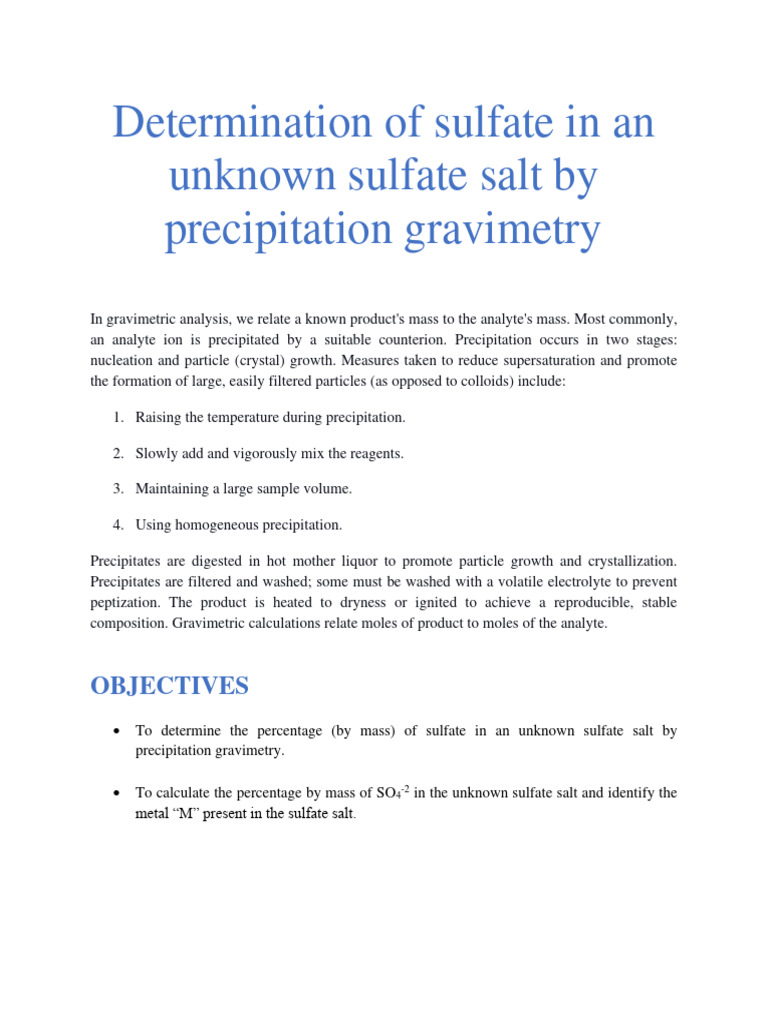 Analyze Sulfate in Unknown Salt by Gravimetry | PDF | Precipitation ...