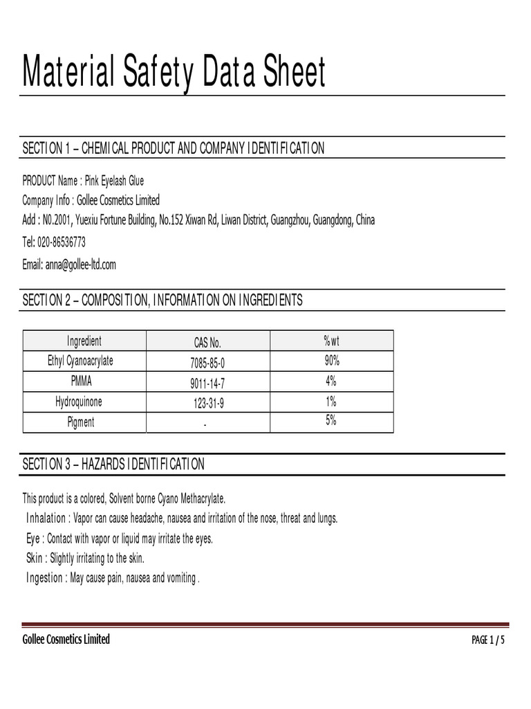 F 01 - Eyelash Glue - MSDS Report | PDF | Dangerous Goods | Water