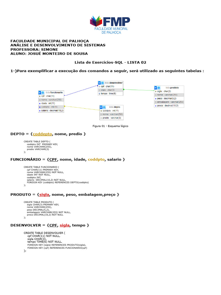 Lista 02 - SQL - Disciplina de Banco de Dados | PDF | Modelo de dados | Bancos de dados