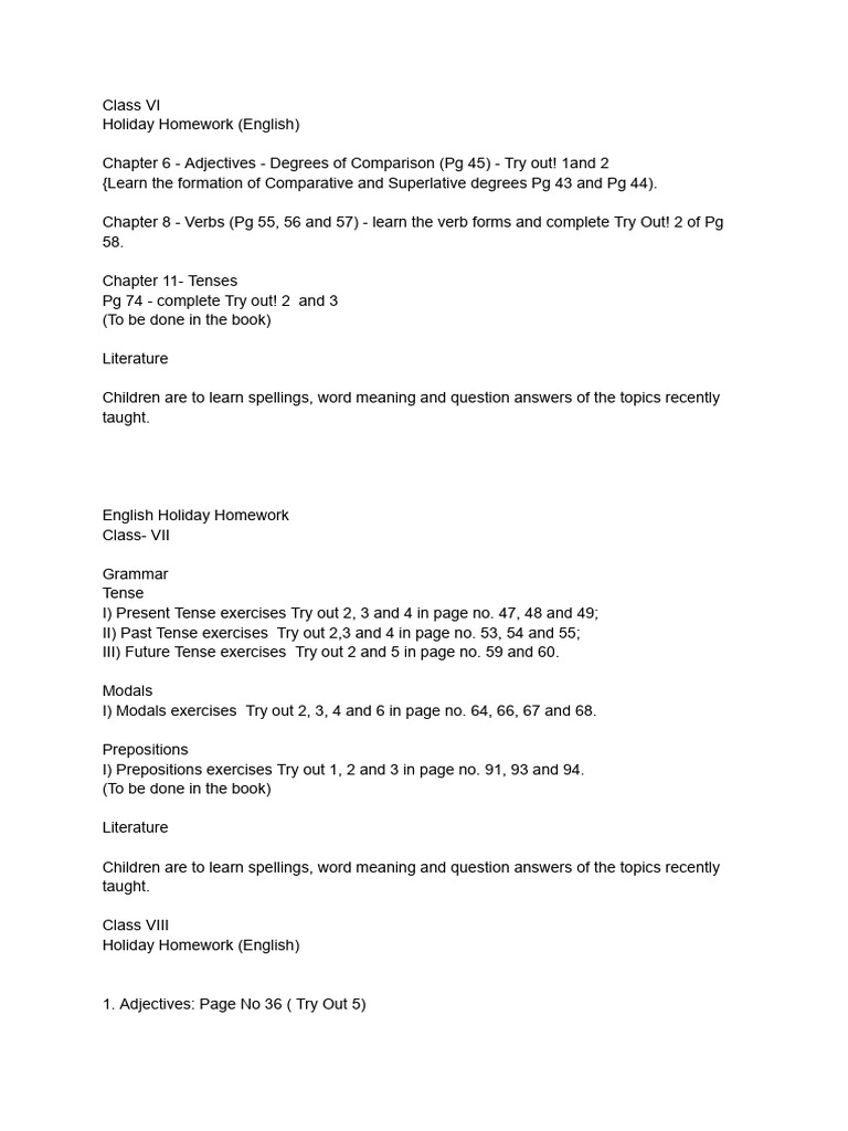 English Holiday Homework | PDF