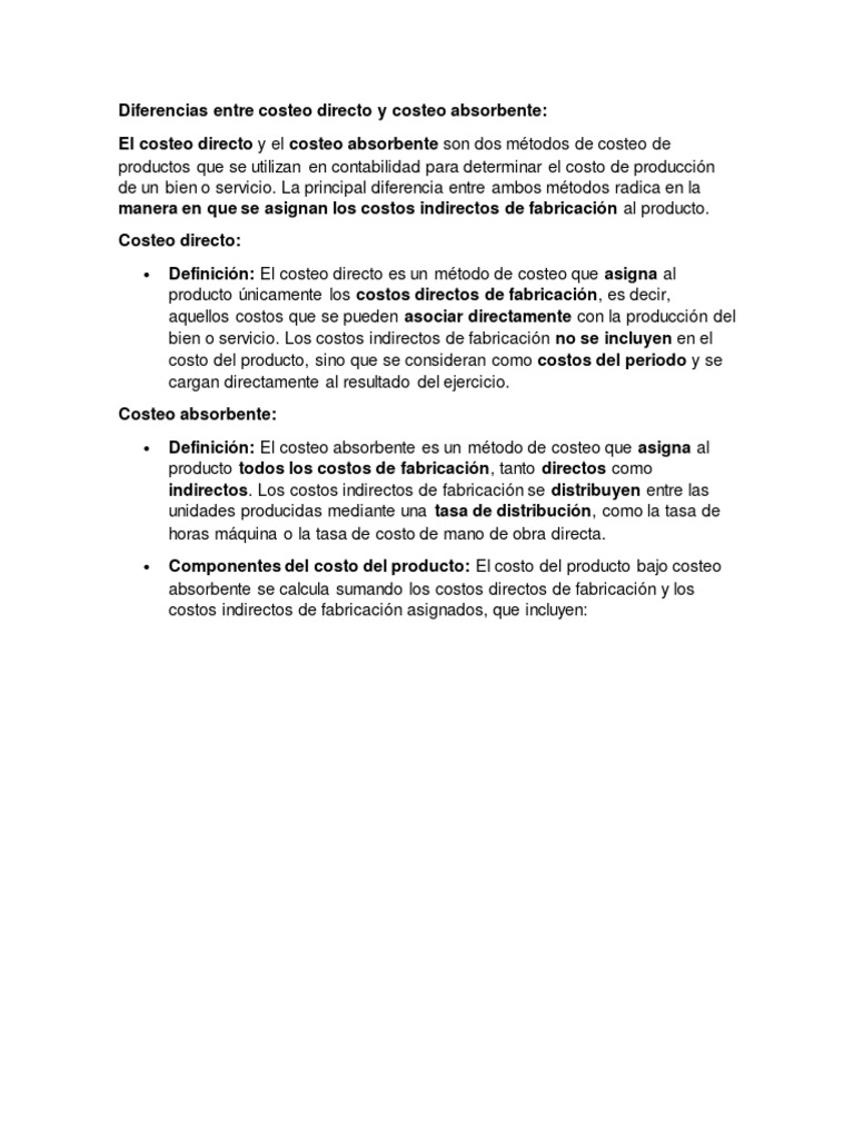 Diferencias Entre Costeo Directo y Costeo Absorbente | PDF | Finanzas y dinero