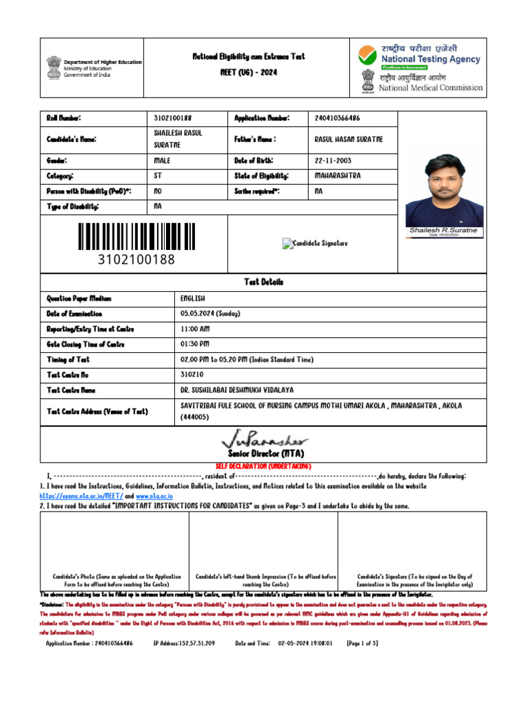 Neet - Ntaonline.in Frontend Web Admitcard Index | PDF | Identity Document