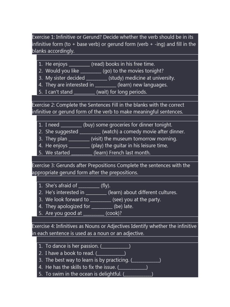 Exercise Infinitive or Gerund | PDF | Verb | Adjective