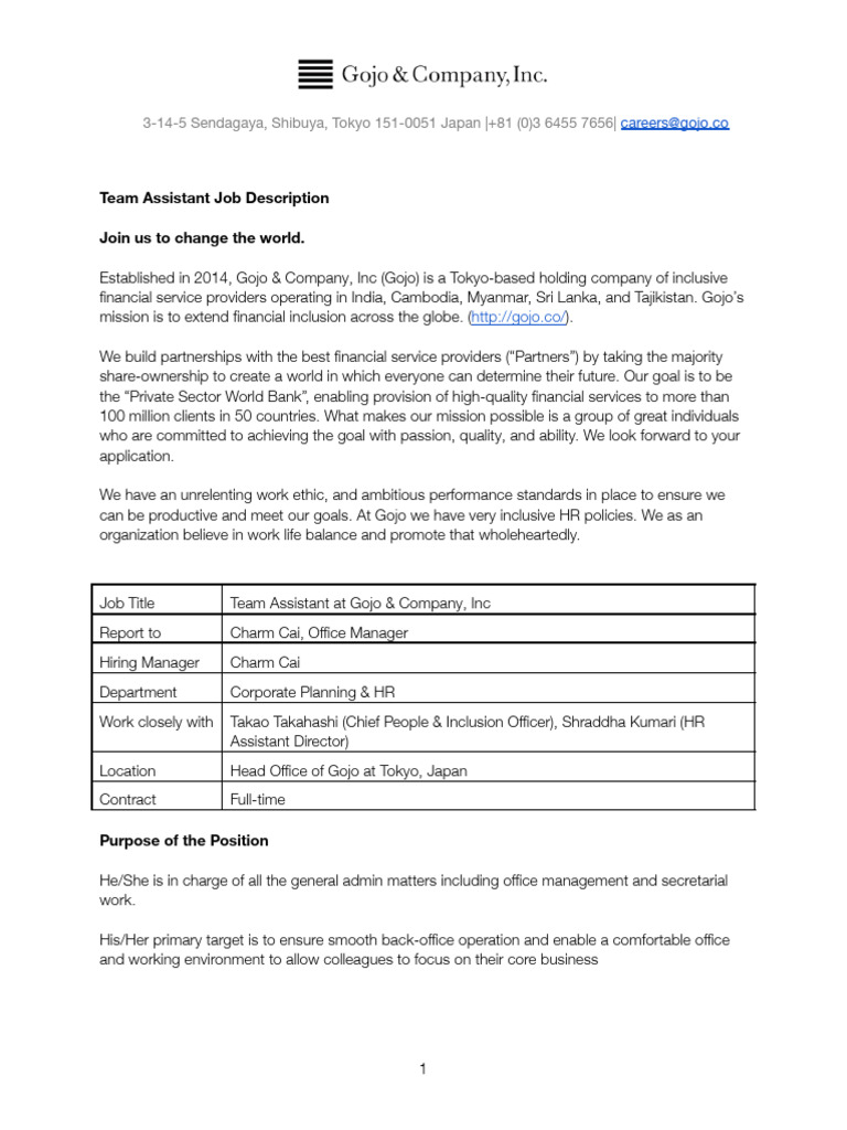 Gojo JD Job Description Team-Assistant | PDF | Economies | Business