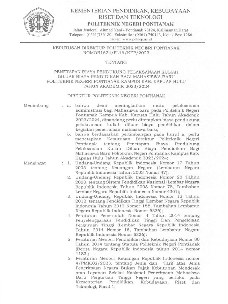 1624 SK Penetapan Biaya Pendukung SMMPN Polnep K. Hulu 2023 01 | PDF