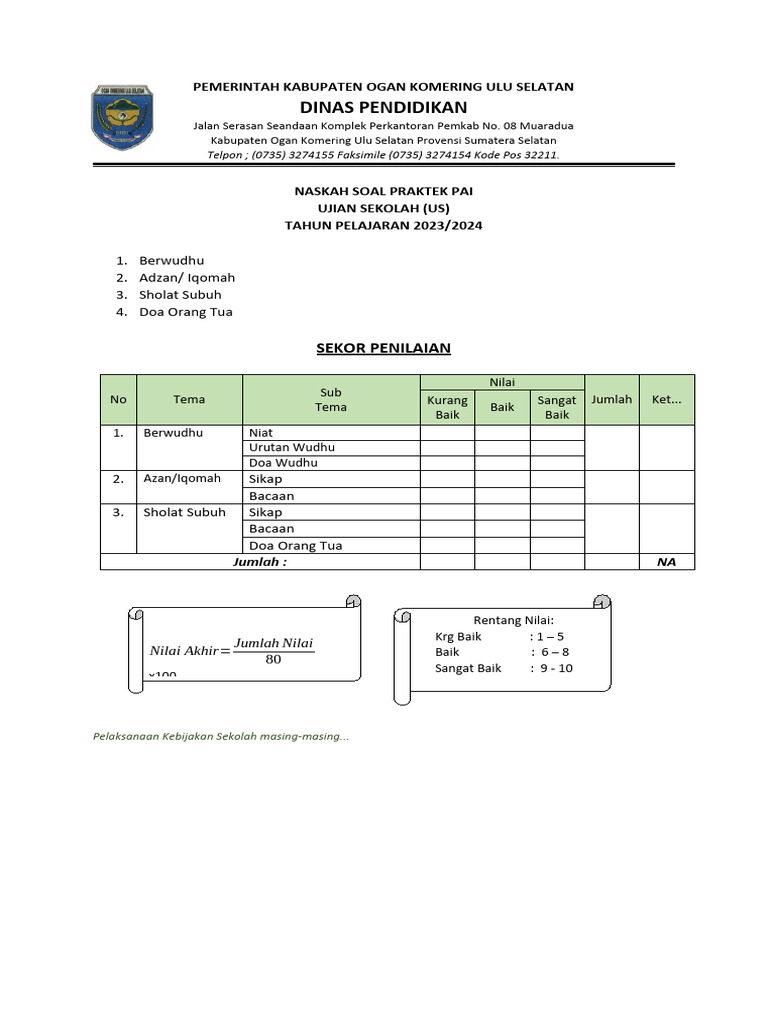 Soal Praktek Pai Us 24 | PDF
