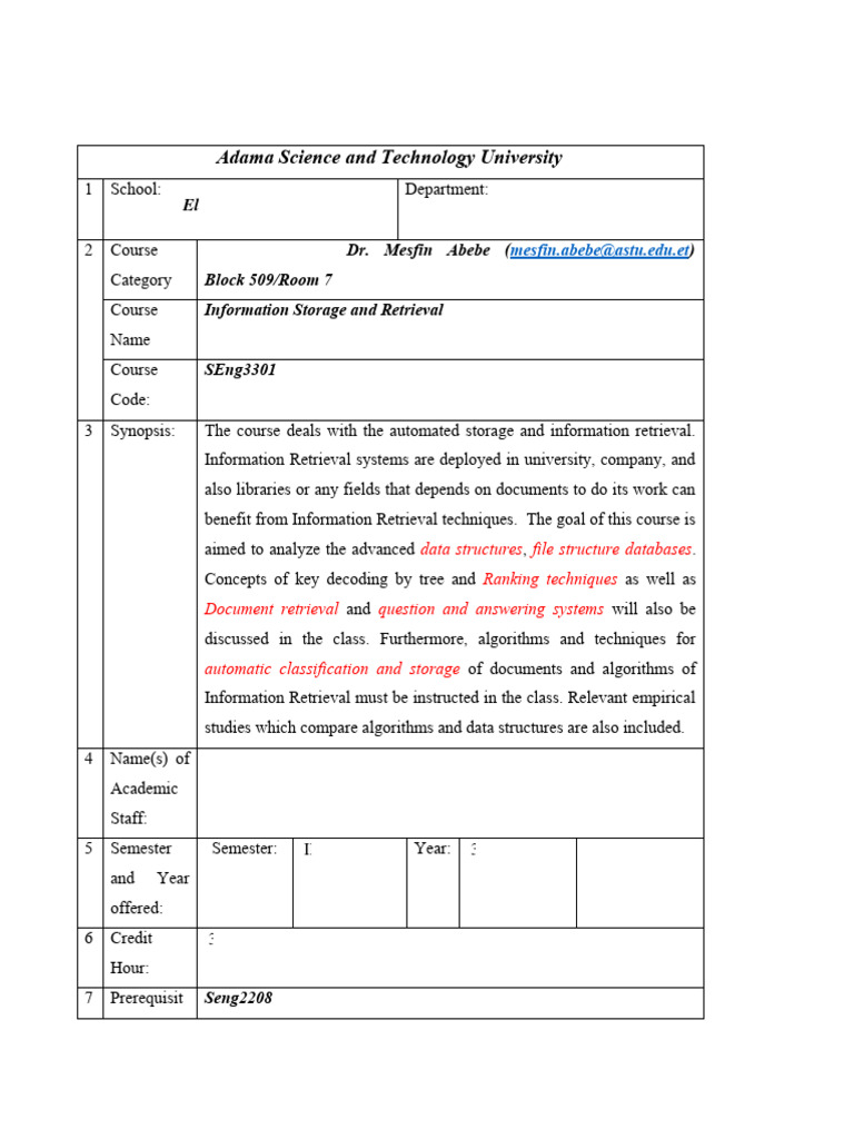 Information Storage And Retrival Course Outline New Pdf Information Retrieval Information