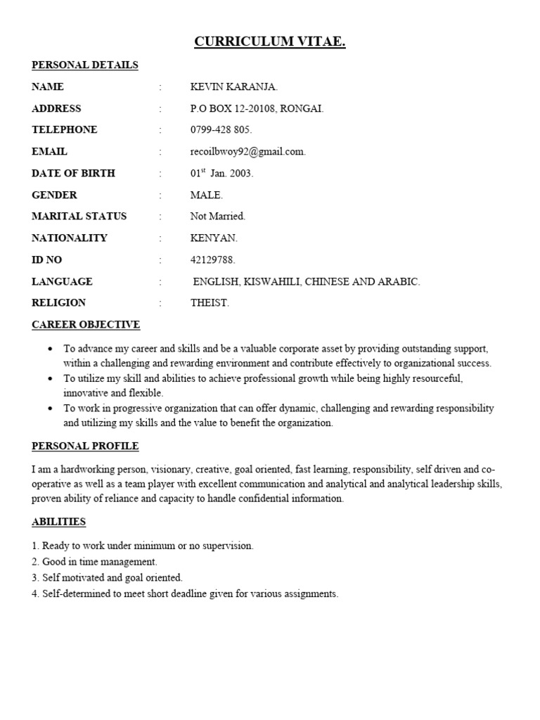 Kevin Karanja CV | PDF | Cognition