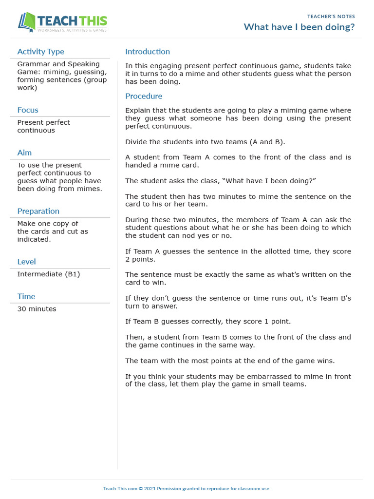 Present Perfect Continuous Miming Game | PDF