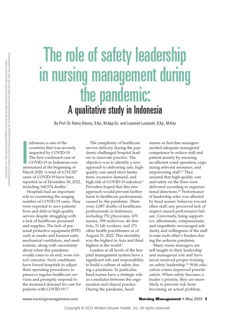 The Role of Safety Leadership in Nursing | PDF | Nursing | Patient Safety