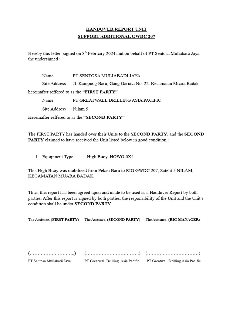 Handover Report Unit | PDF