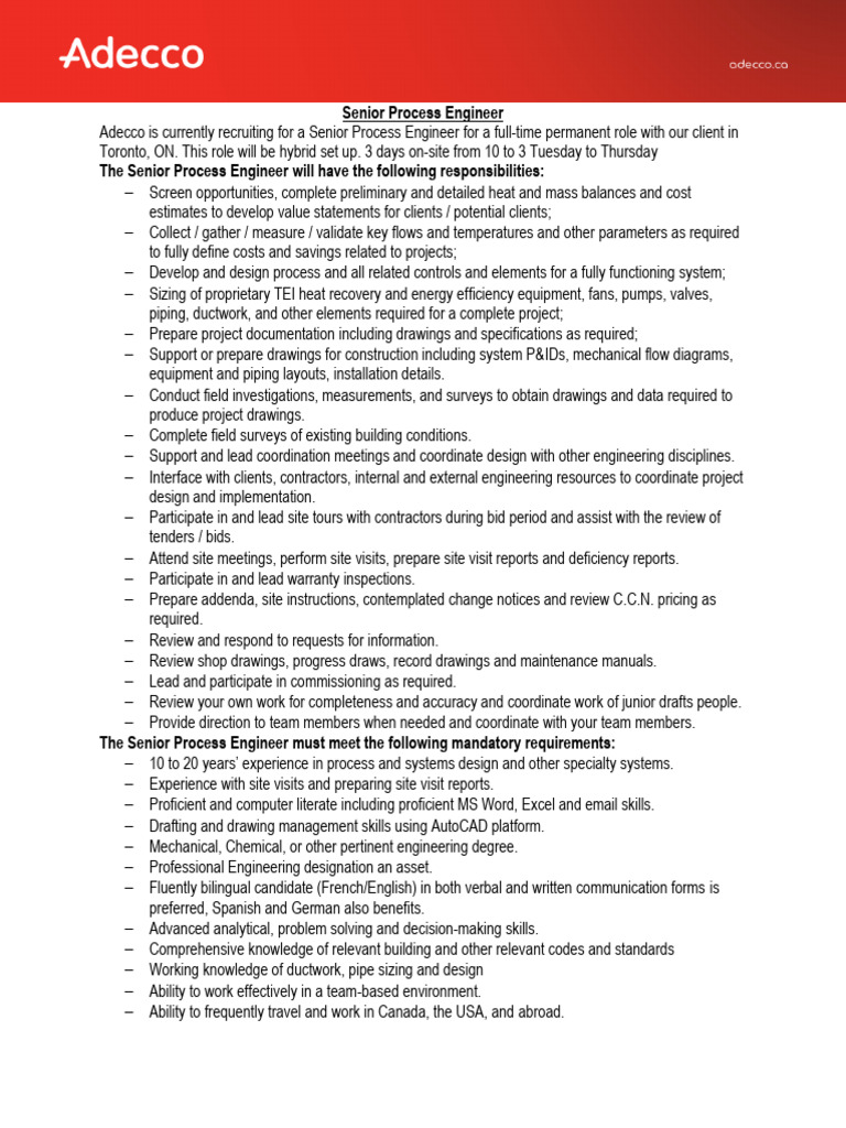 Adecco - Senior Process Engineer - 2024 | PDF | Process Engineering | Heat