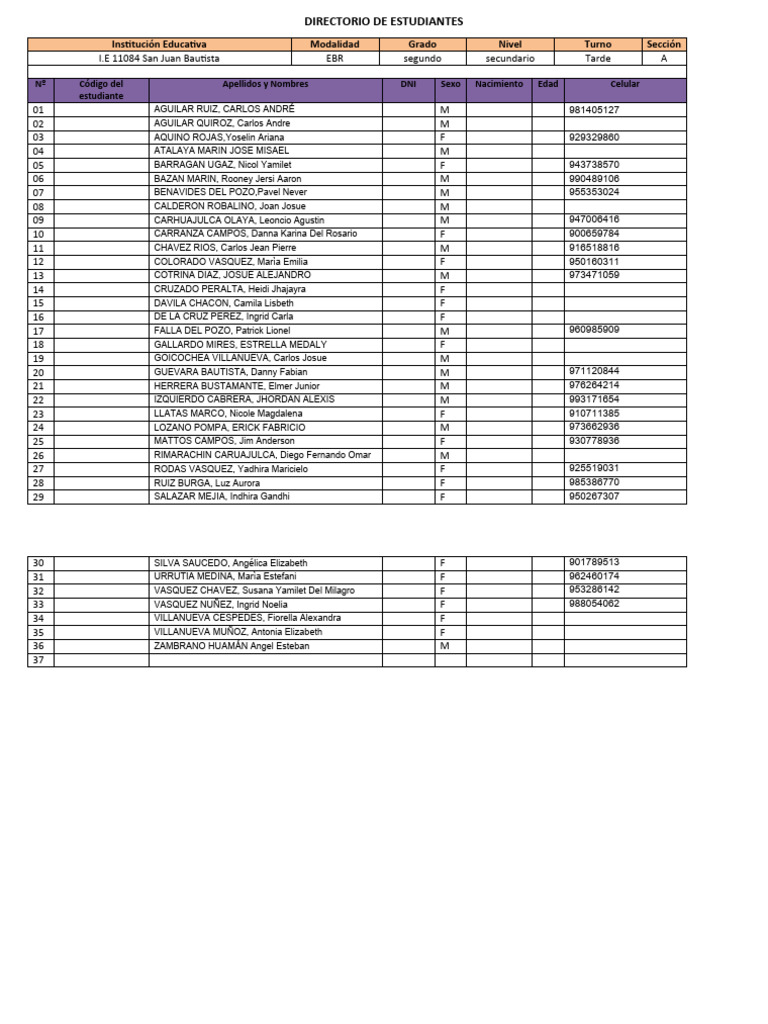 DIRECTORIO DE ESTUDIANTES 2do A 2021 | PDF