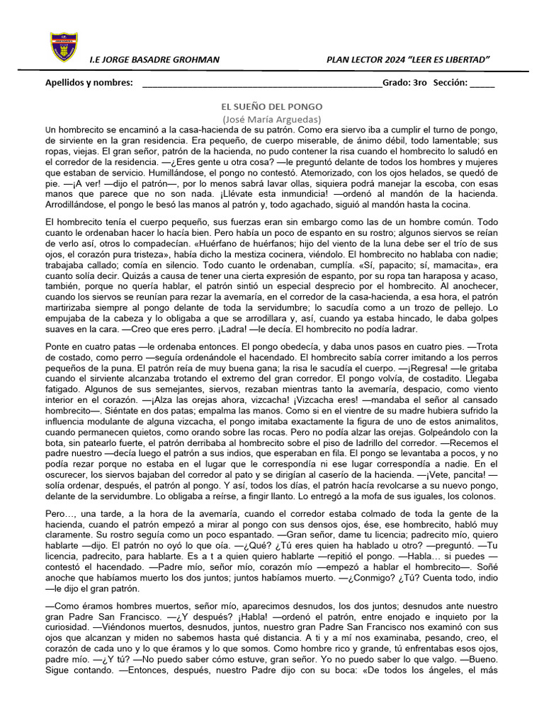 El Sueño Del Pongo Plan Lector - 3ro Sec | PDF | Oración