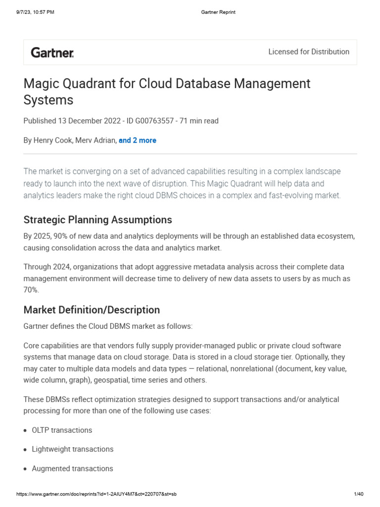 Garner - Magic Quadrant For Cloud Database Management Systems | PDF | Databases | Cloud Computing