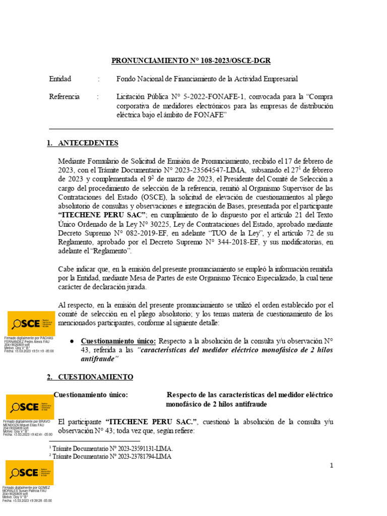 Pronunciamiento #108-2023 - OSCE-DGR PDF | PDF | Concesión (contrato) | Business