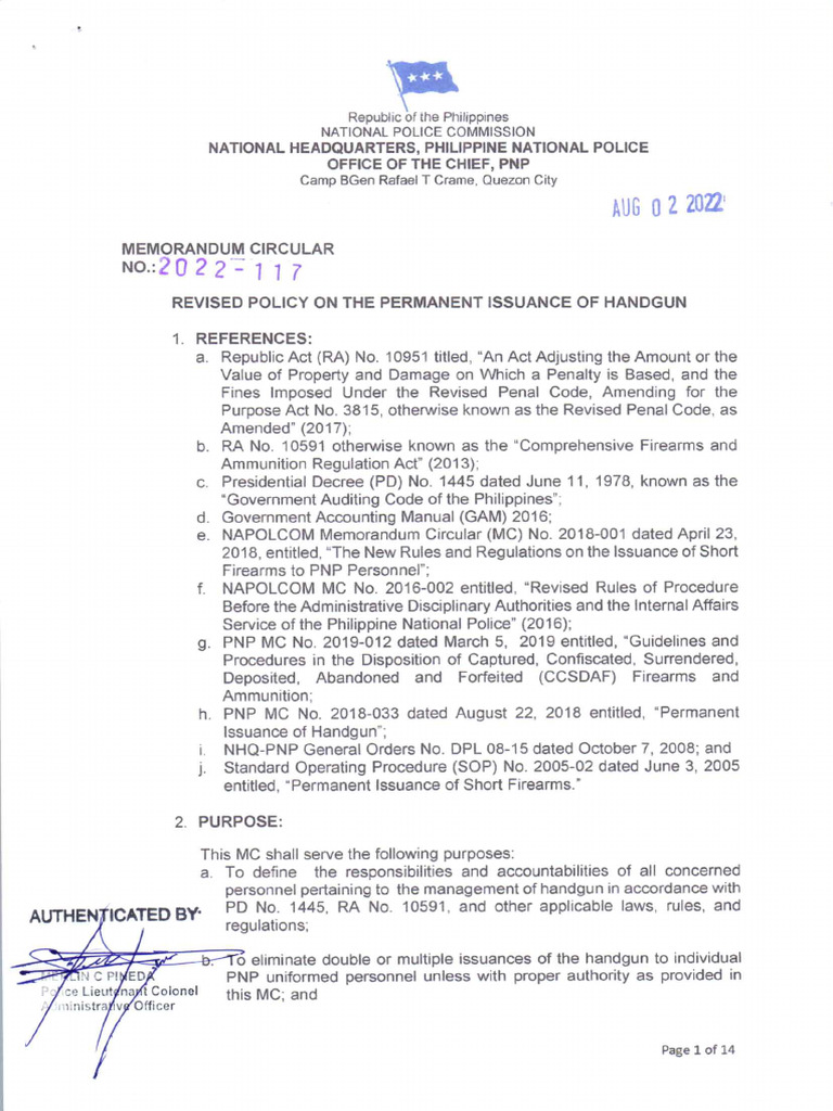 PNP MC 2022 117 Revised Policy On The Permanent Issuance of Handgun - 1 ...