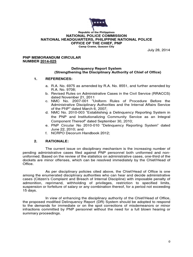 PNP MC 2014 025 Delinquency Report System Strengthening The Disciplinary Authority of Chief of ...
