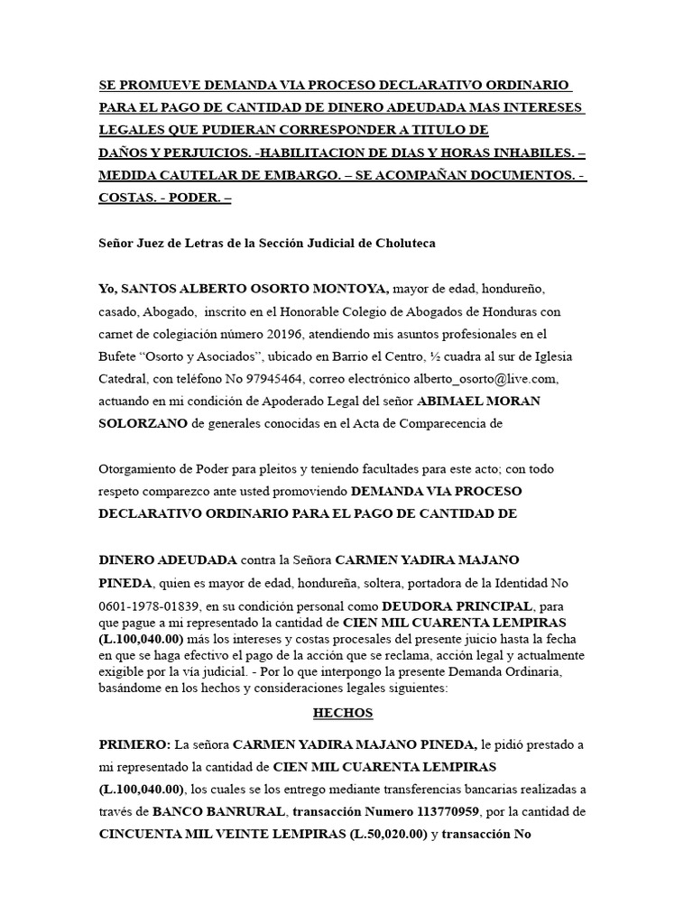 Demanda Ordinaria Civil | Descargar gratis PDF | Mandato | Demanda judicial