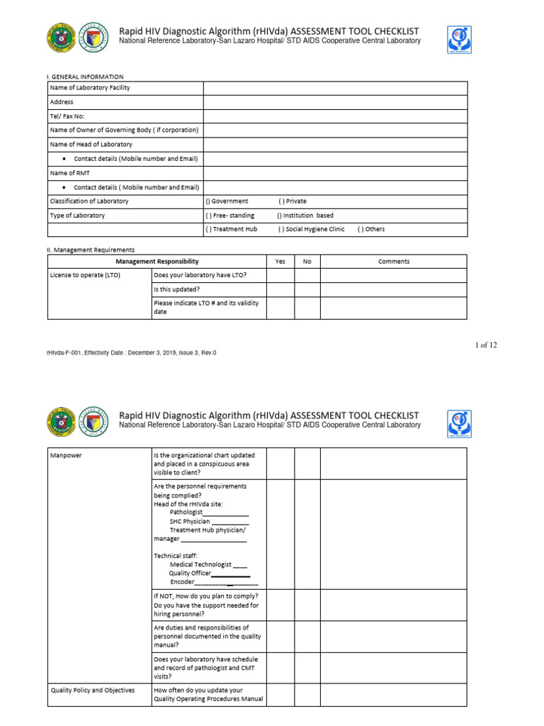 rHIVda F 001 Assessment Tool Checklist | PDF | Laboratories | Diagnosis Of Hiv/Aids