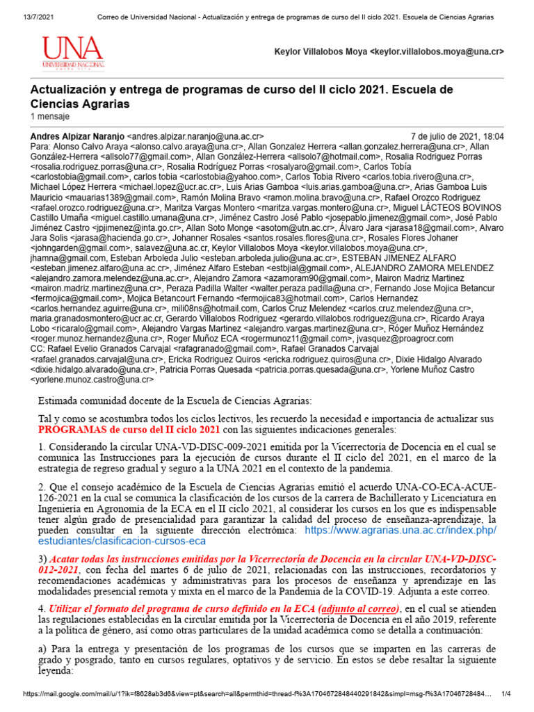 Actualización y entrega de programas de curso del II ciclo 2021. Escuela de Ciencias Agrarias ...