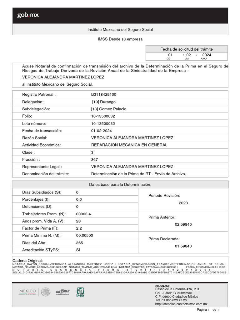 Acuse Prima de Riesgo Imss 2024 | PDF