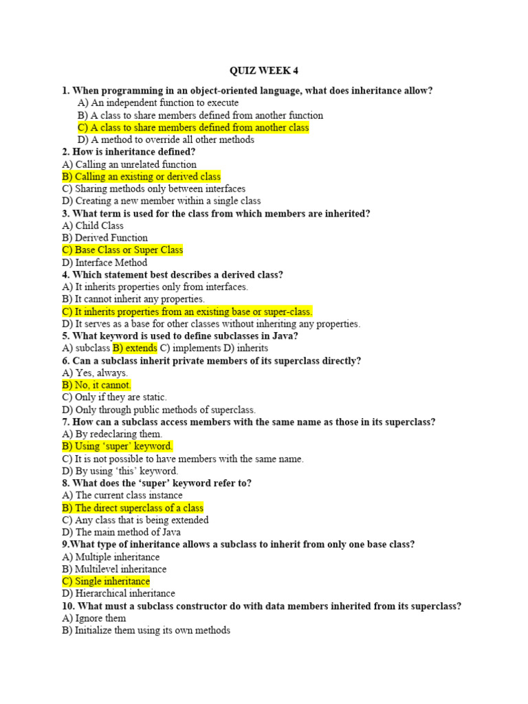 Quiz Week 4 Pdf Inheritance Object Oriented Programming Method