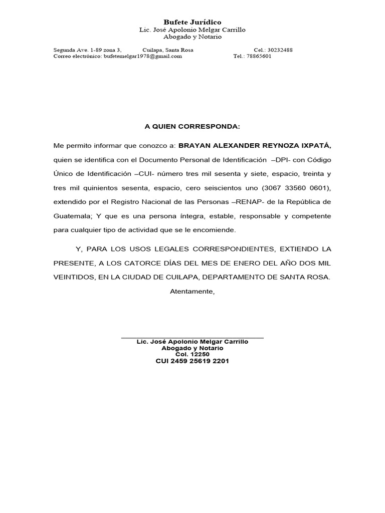 Carta de Recomendacion Simple | PDF | Guatemala | Despacho de abogados Carta de Recomendacion Simple | PDF | Guatemala | Despacho de abogados