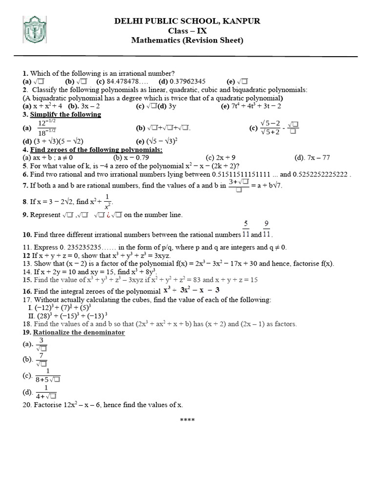 Class-IX Maths Revision Sheet (May) | PDF | Factorization | Polynomial