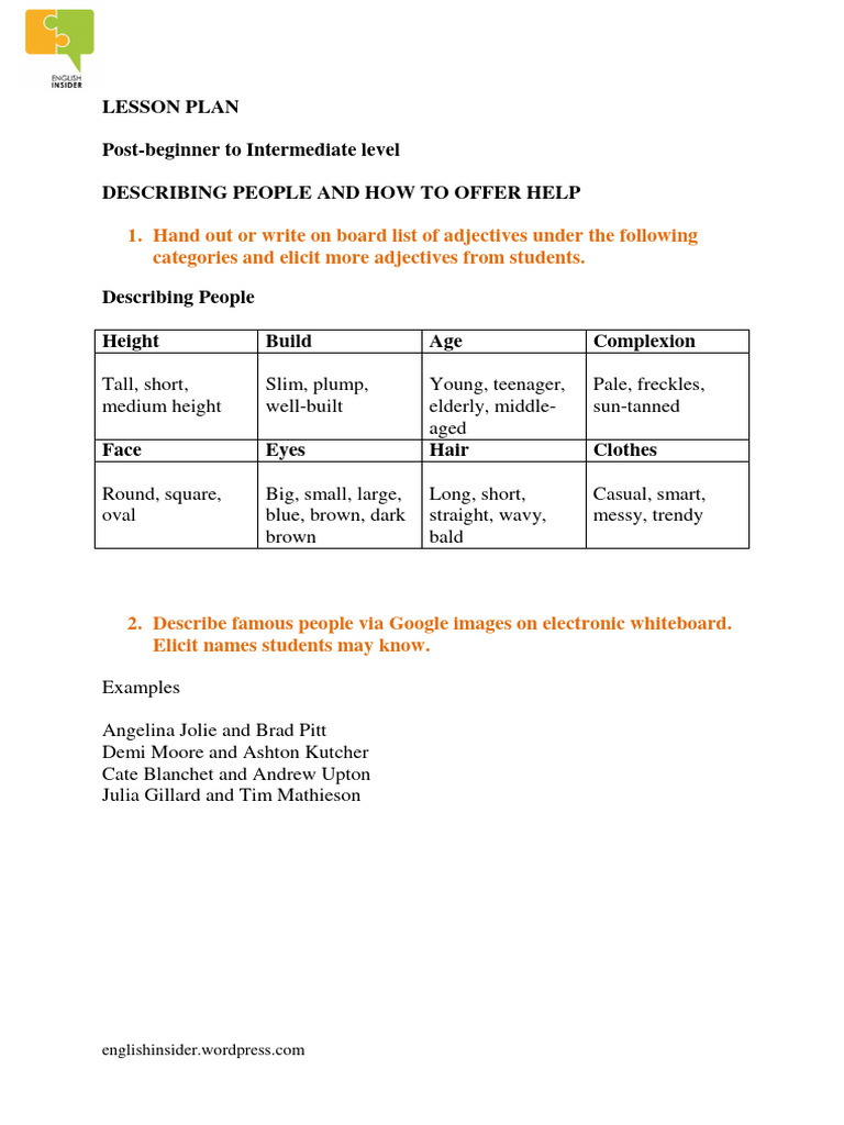 Hand Out or Write On Board List of Adjectives Under The Following ...