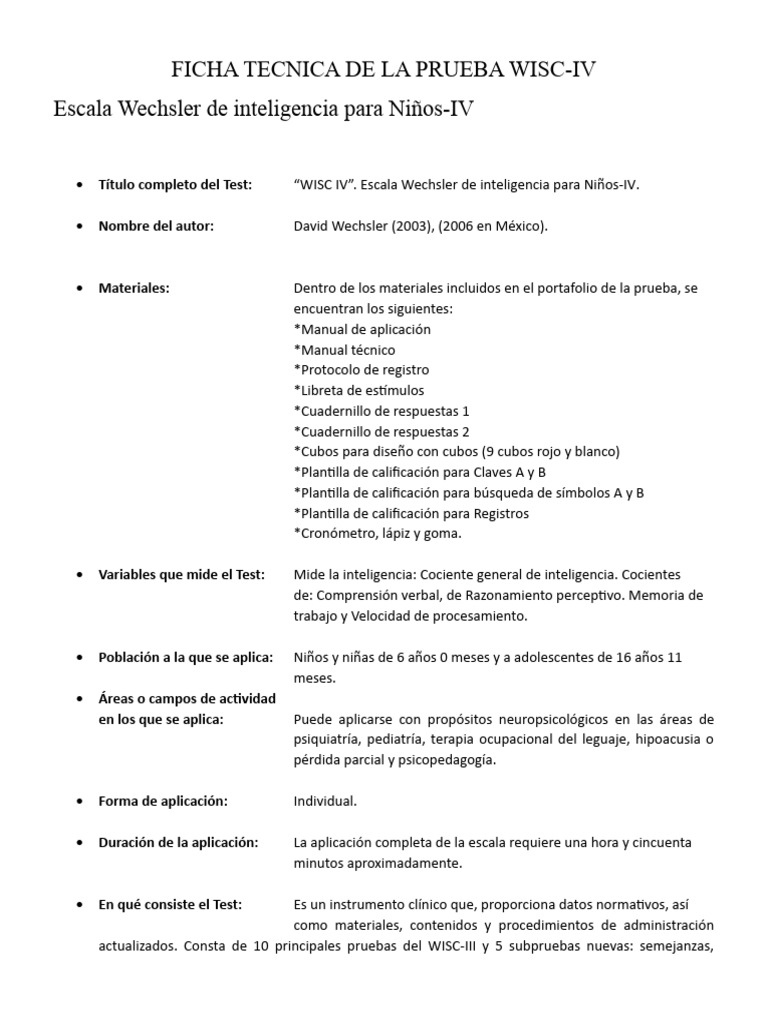 FICHA TÉCNICA_WISC-IV | PDF | Ciencia cognitiva | Ciencias del comportamiento