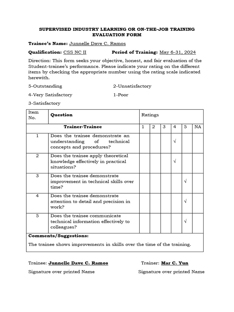 4.1.Trainer-Trainee Evaluation-Final | PDF | Knowledge | Understanding
