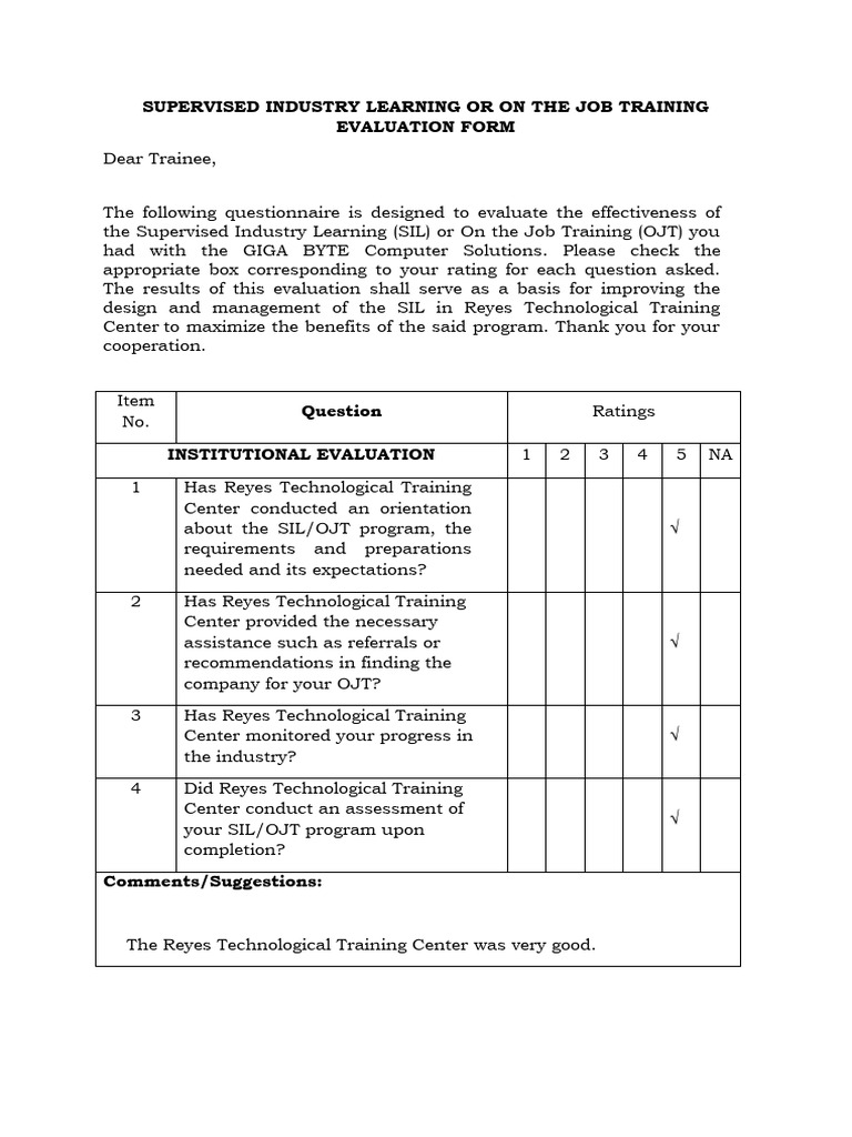 SIL/OJT Evaluation Form for Trainees | PDF | Evaluation | Behavior Modification