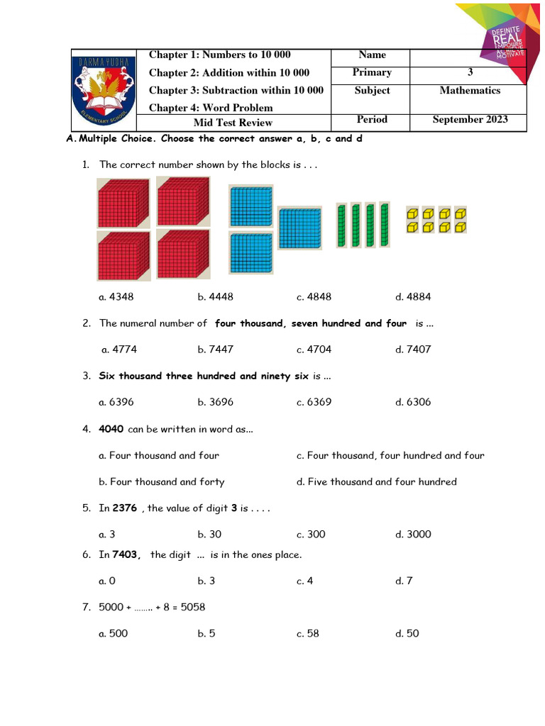 Review For MID Semester 1 Examination 2023 | PDF | Numbers | Arithmetic
