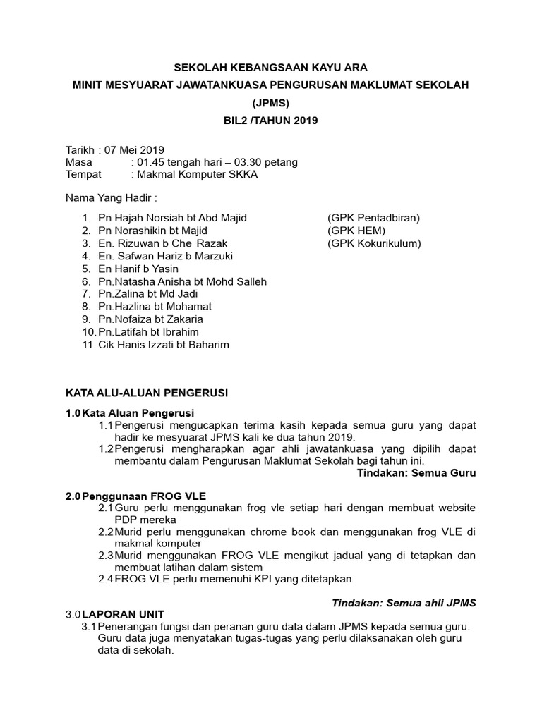 Minit Mesyuarat JPMS Kali Ke 2 | PDF