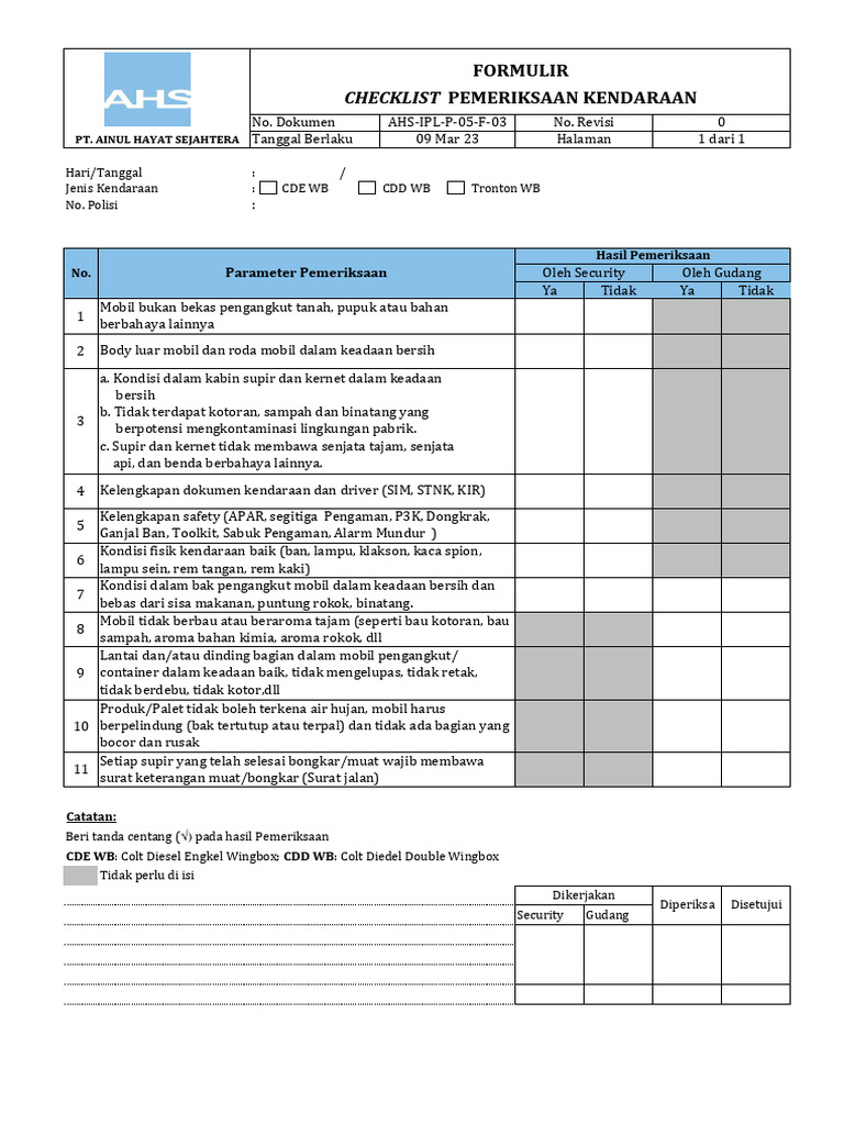 F 01 Formulir Checlist Pemeriksaan Kendaraan Final | PDF
