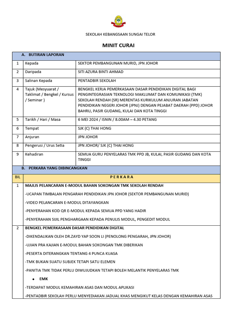 Minit Curai Tmk Sk Sg Telor 2024 | PDF