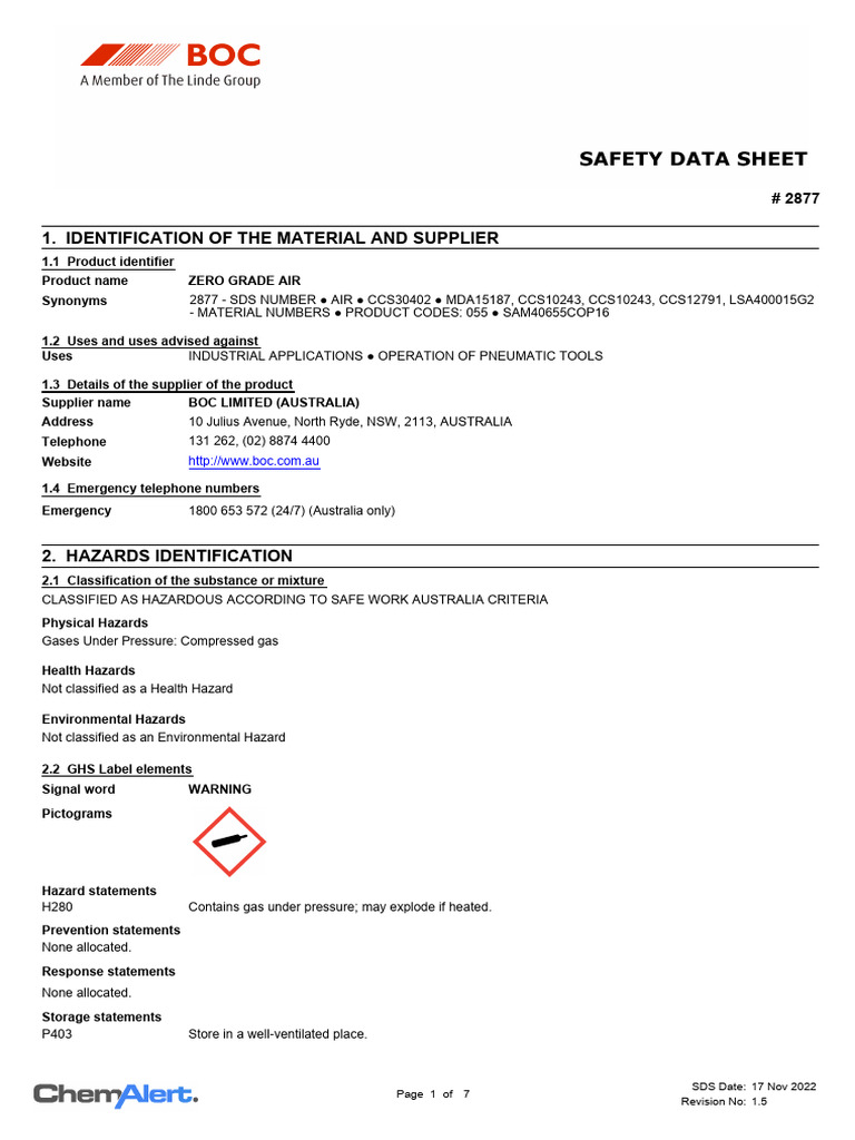 Linde Compressed Air Zero Grade | PDF | Chemistry | Gases