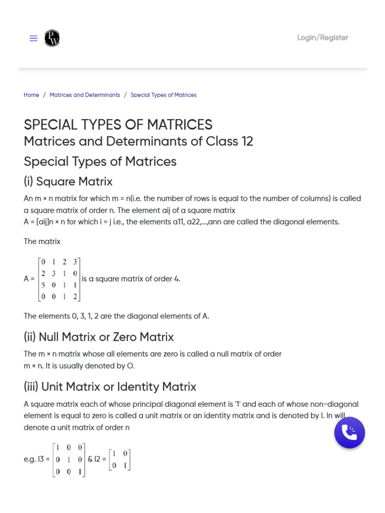 Special Types of Matrices Class 12 - PW | PDF | Matrix (Mathematics ...