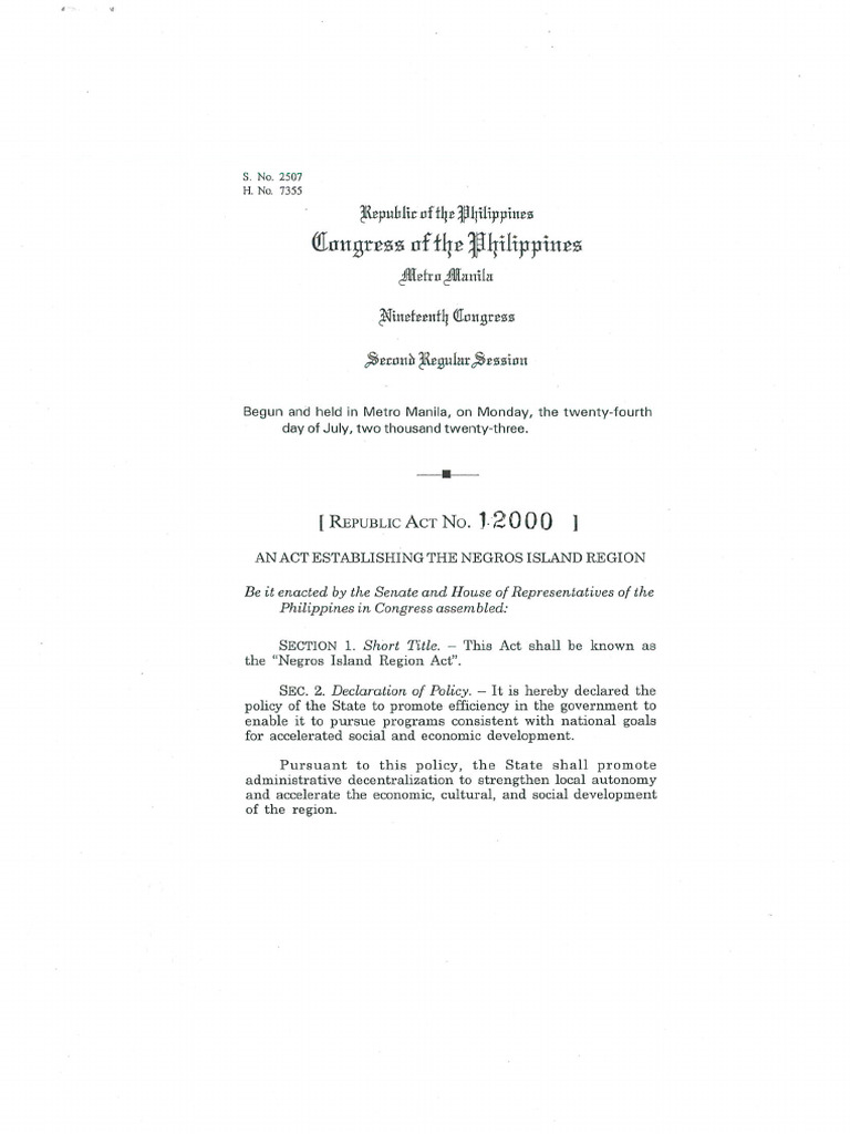 Republic Act 12000 Establishing Negros Island Region PDF