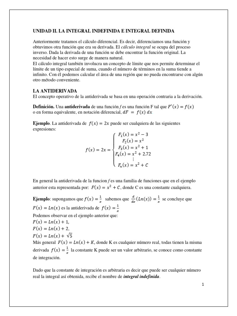 Unidad II La integral Indefinida e Integral Definida (Matematica II ...